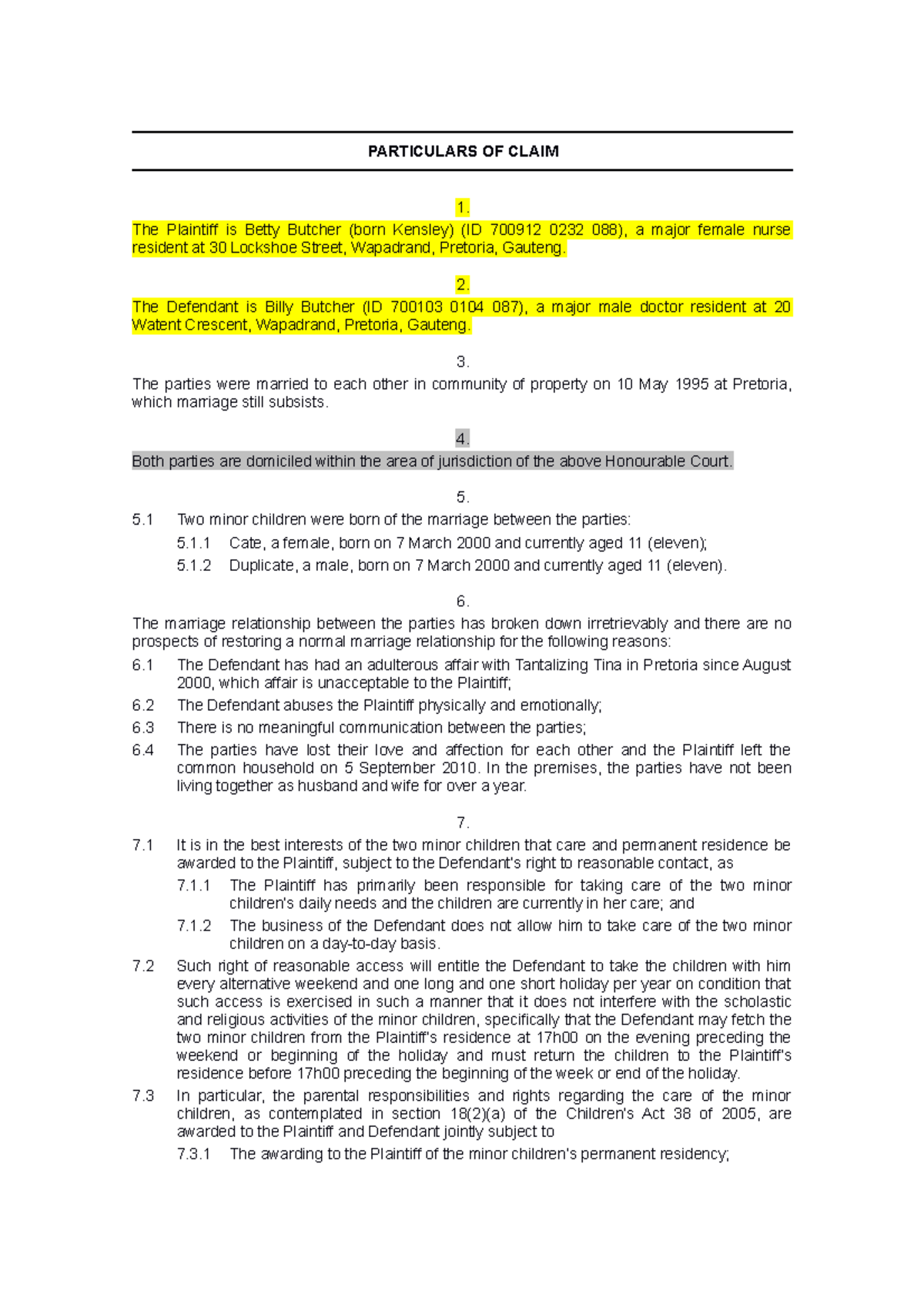 POC 1 - Comprehensive Example of Particulars of Claim - Studocu