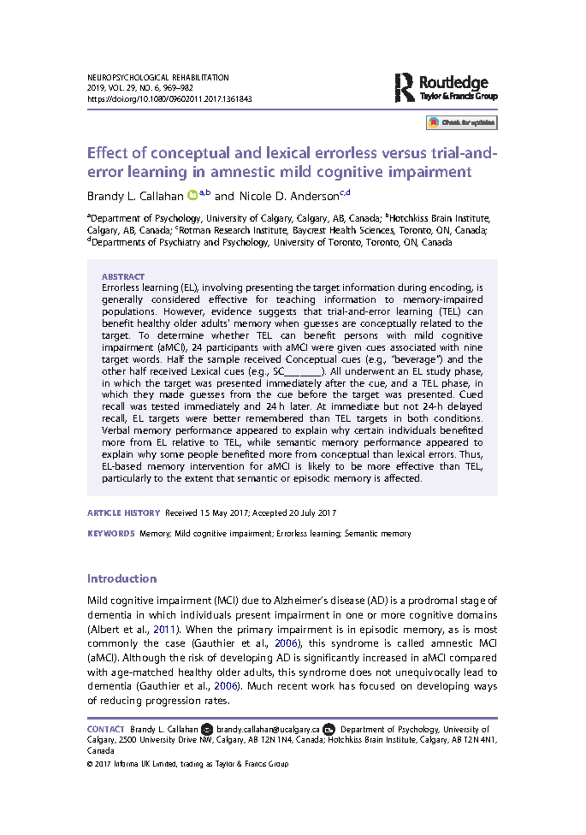 Effectiveness of Errorless vs. Trial-and-Error Learning in aMCI: A ...