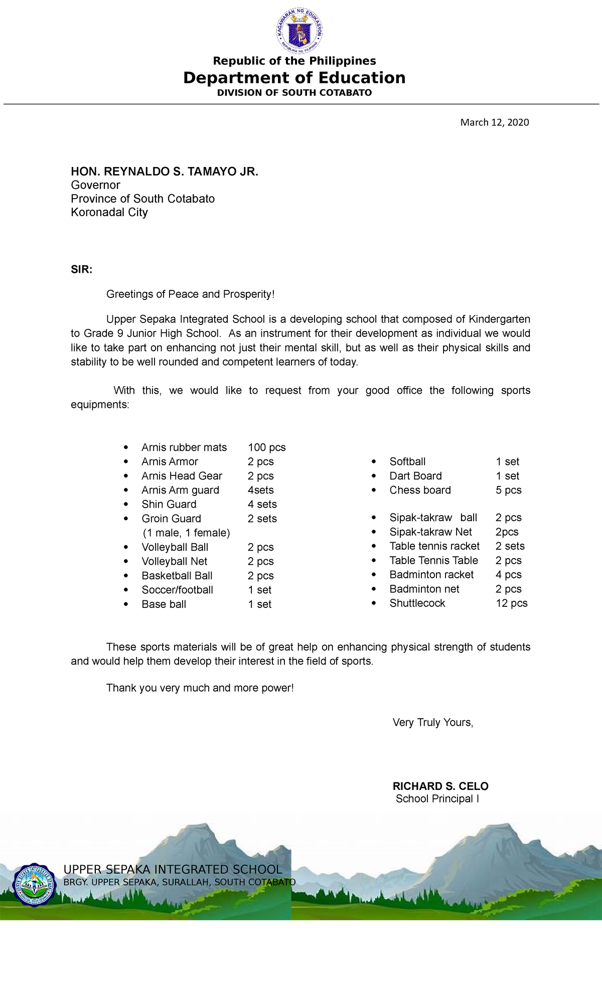 Request for Sports Equipment - Upper Sepaka Integrated School - Studocu