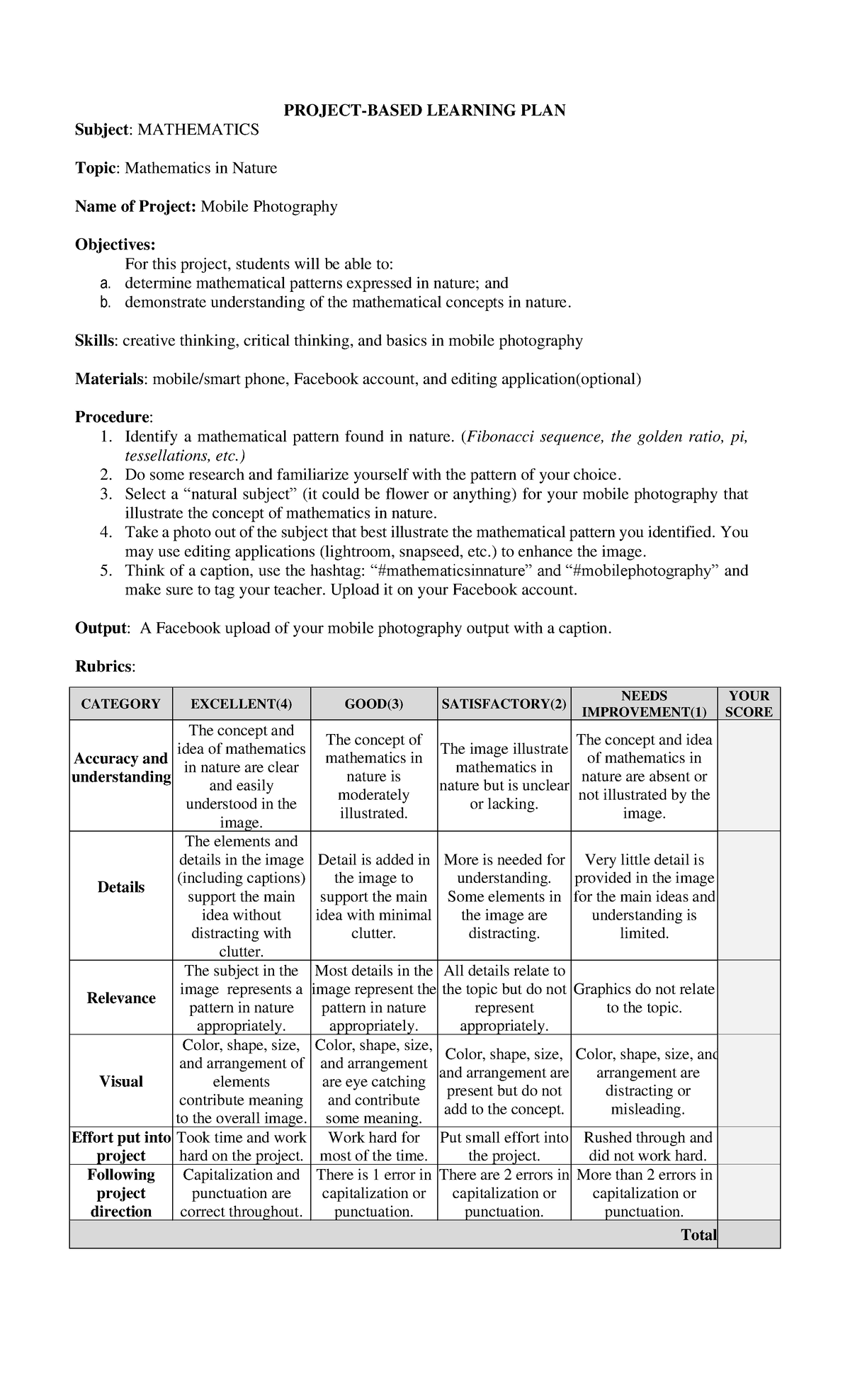 Project- Based Lesson PLAN - PROJECT-BASED LEARNING PLAN Subject ...