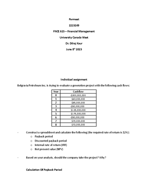 FNCE 623 - UCW - financial management - Studocu