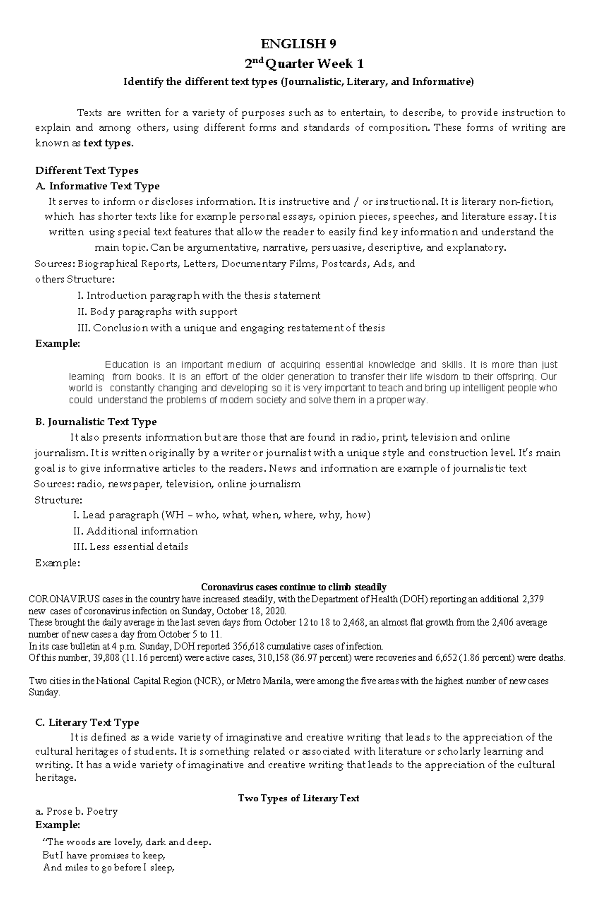 English 9 - 2nd Quarter Week 1: Exploring Text Types and Examples - Studocu