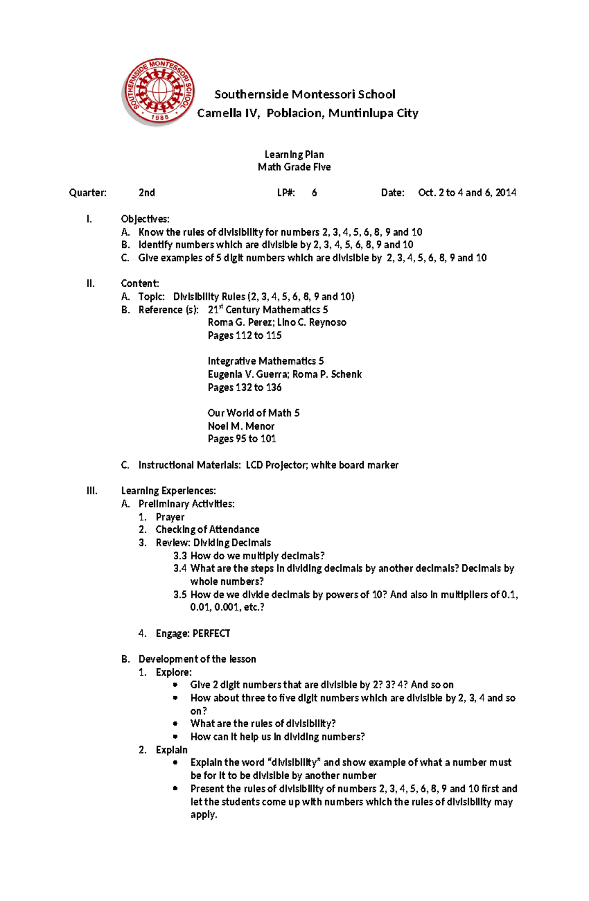 Divisibility Rules - Mathematics - Southernside Montessori School ...