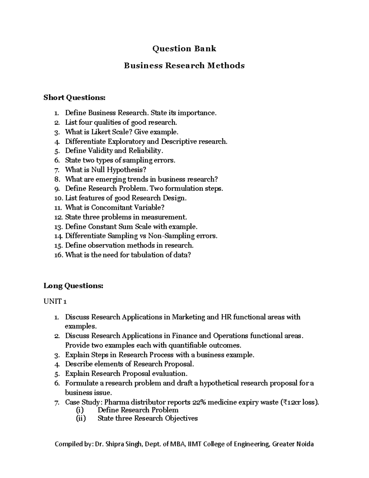 Question Bank: Business Research Methods (BRM) Short & Long Questions ...