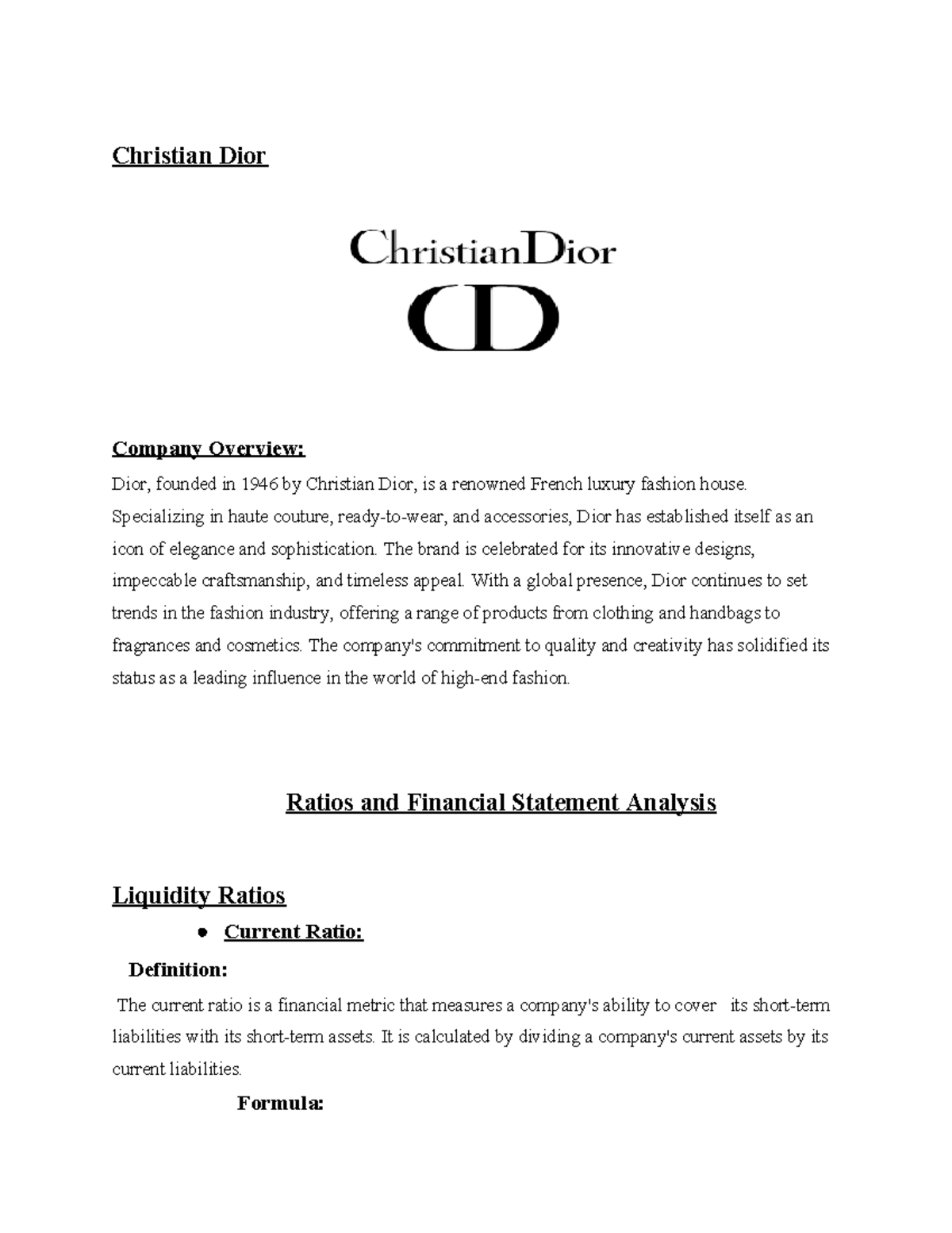 Dior Financial Statement Analysis: Key Ratio Insights and Trends - Studocu