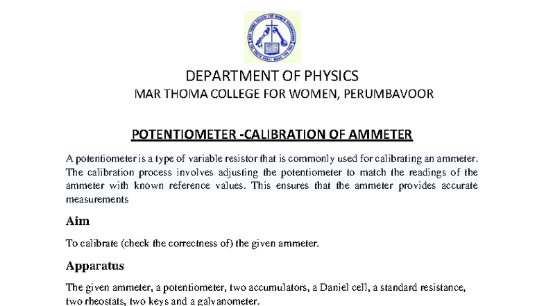 Potentiometer Calibration of Ammeter - PHYS 202 Lab Report - Studocu