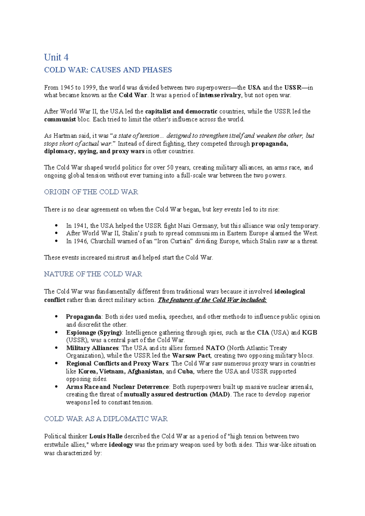 Unit 4 IR: Cold War Causes, Phases, and Global Impact Notes - Studocu