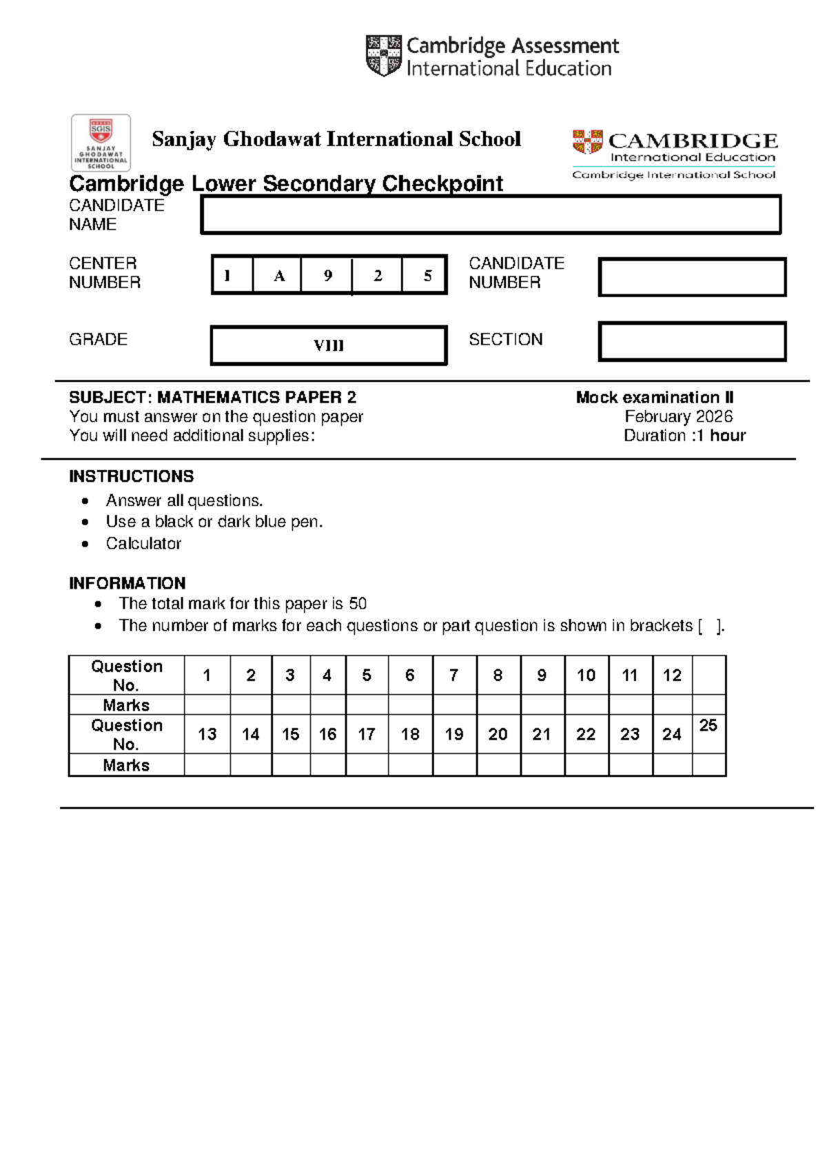 Mathematics Paper 2 Mock Exam II - Practice for Cambridge Lower ...