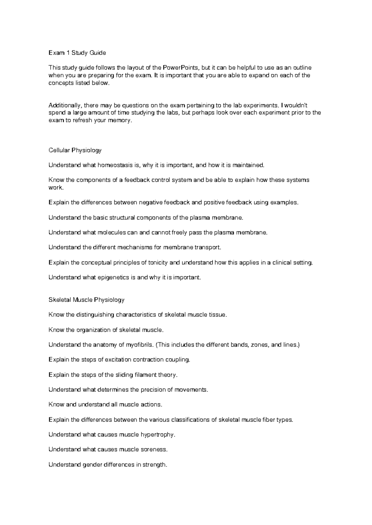 Skeletal Muscle Physiology & Cellular Function: Exam 1 Study Guide ...