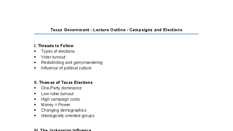 Texas Government - Lecture Outline: Campaigns & Elections Overview ...