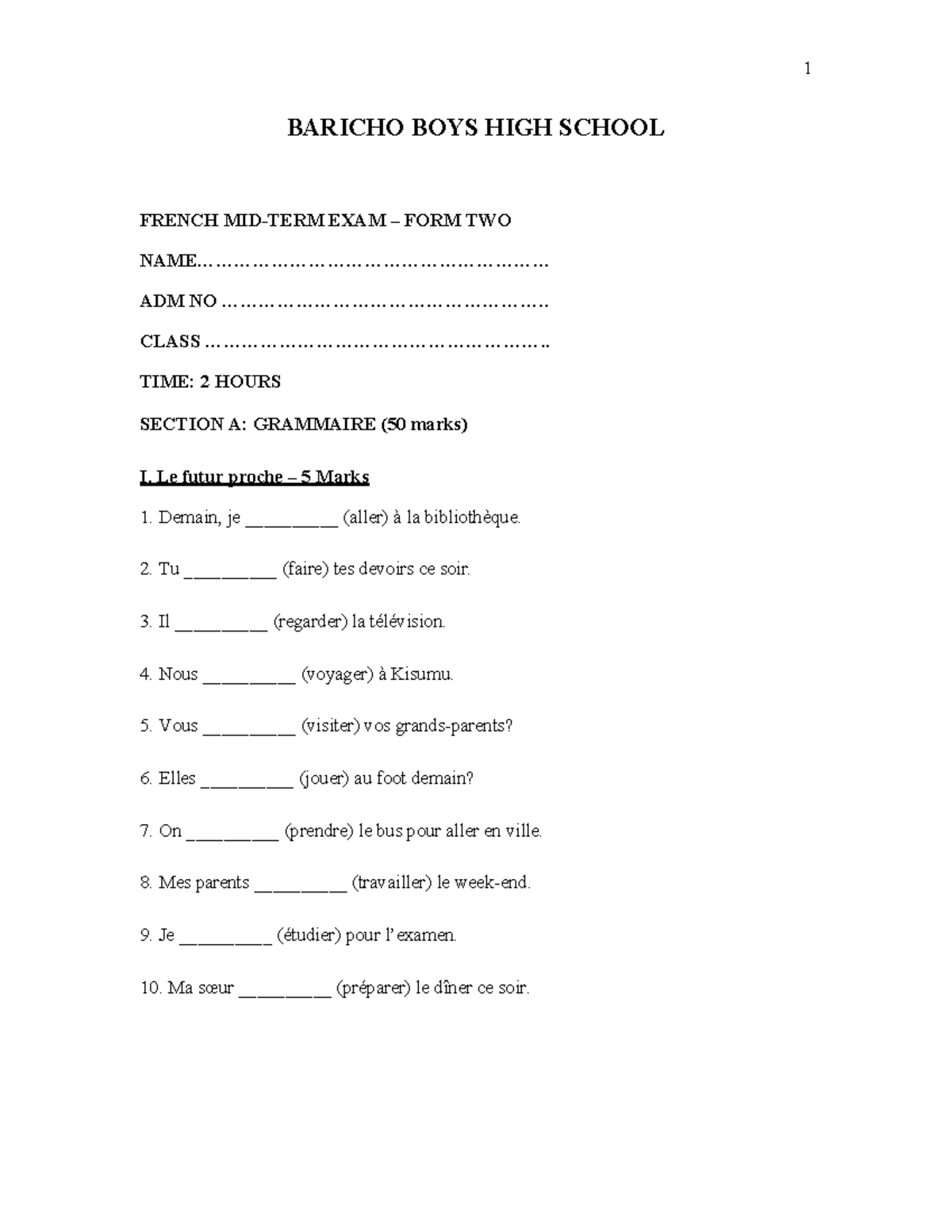 Final Form Two French Midterm Exam - Baricho Boys High School - Studocu