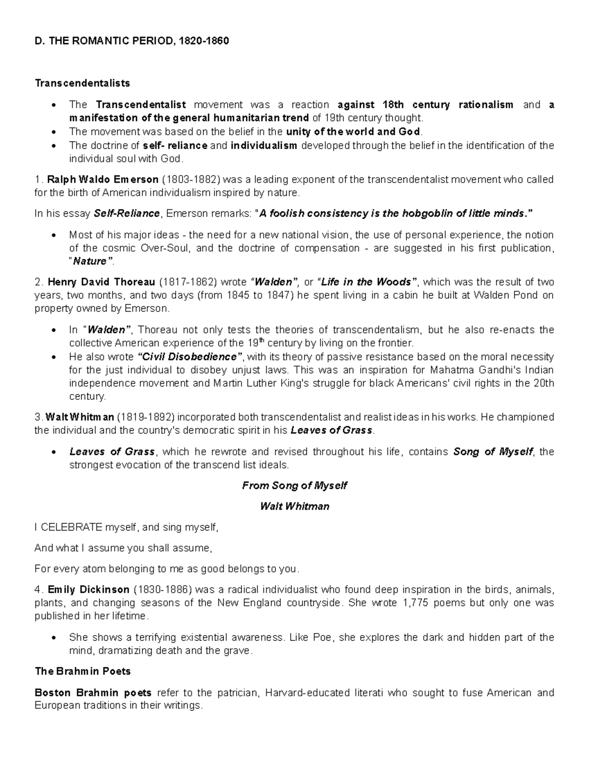 The Romantic Period: Transcendentalism and Key Figures - Studocu