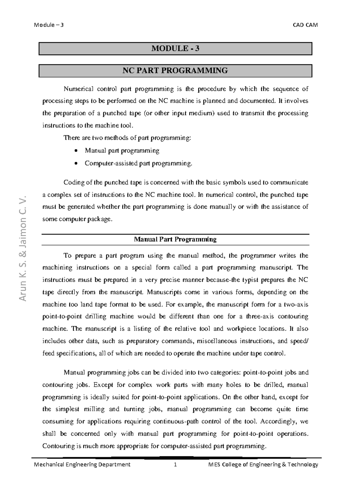 CAD-CAM chapter 3 - CAD-CAM - MODULE - 3 NC PART PROGRAMMING Numerical ...