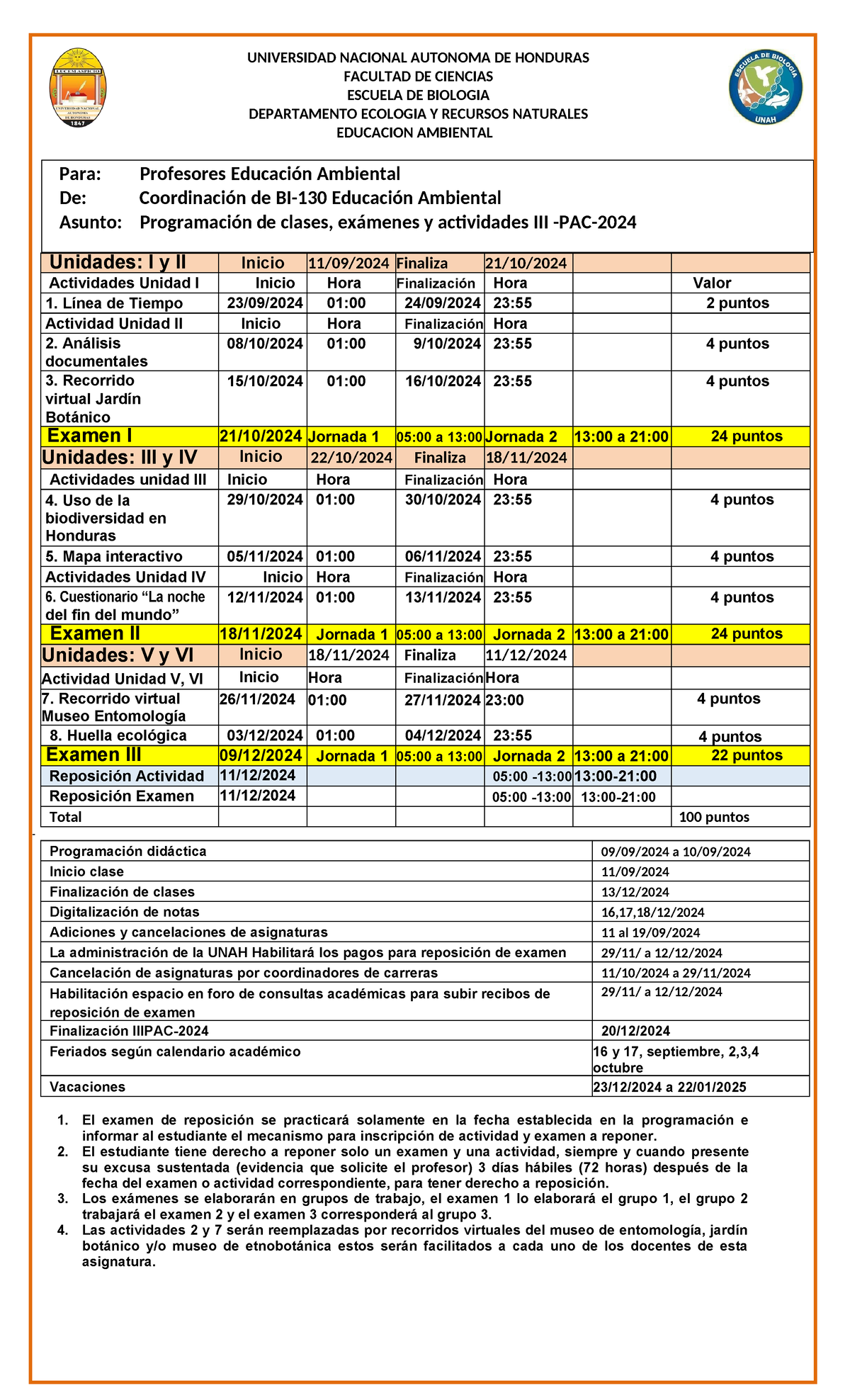 Programación de Clases y Exámenes BI-130 Educación Ambiental 2024 - Studocu