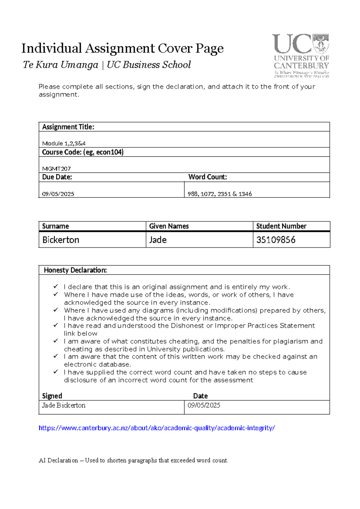 MGMT207 - Individual Assignment Cover Page & Job Description Analysis ...