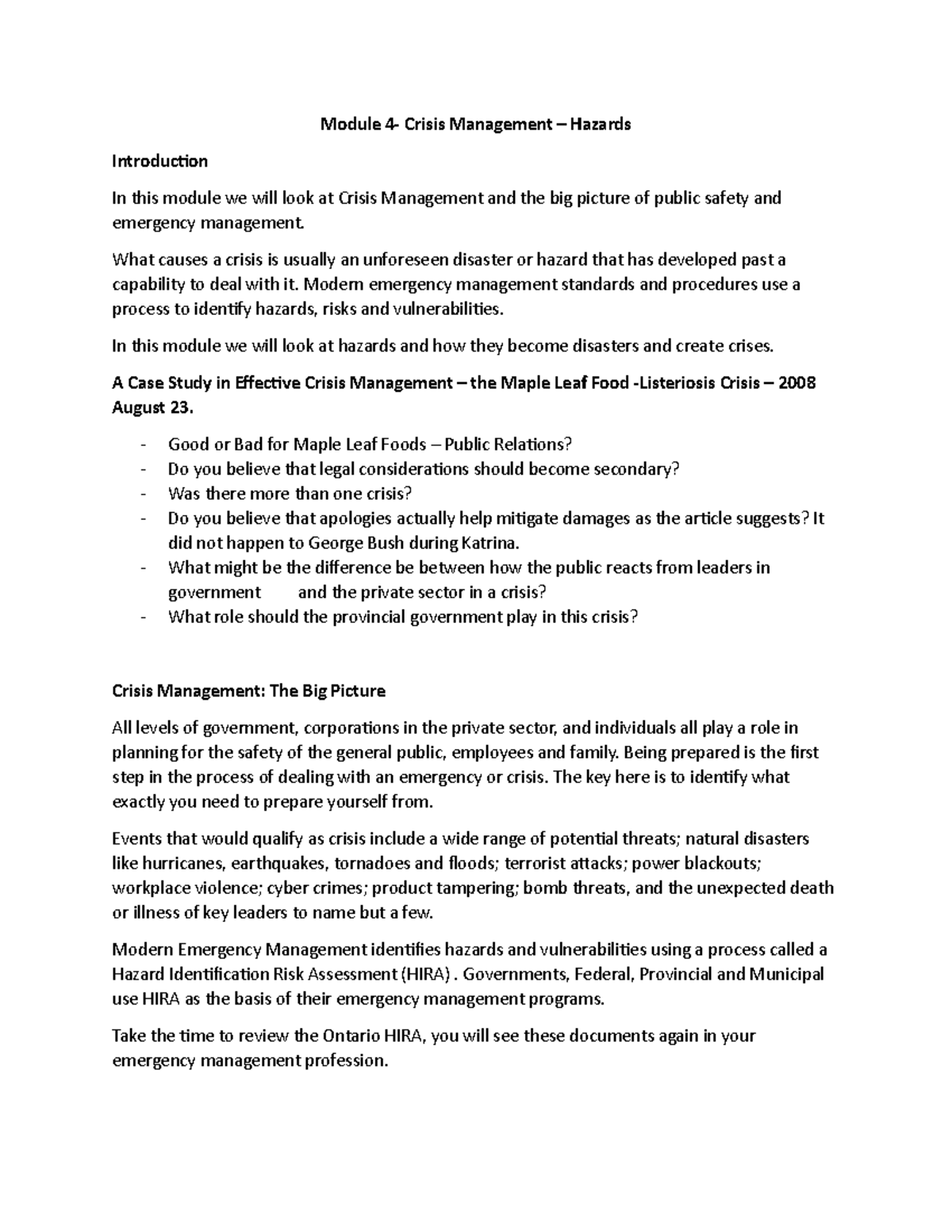 Module 4- Crisis Management – Hazards - Module 4- Crisis Management ...