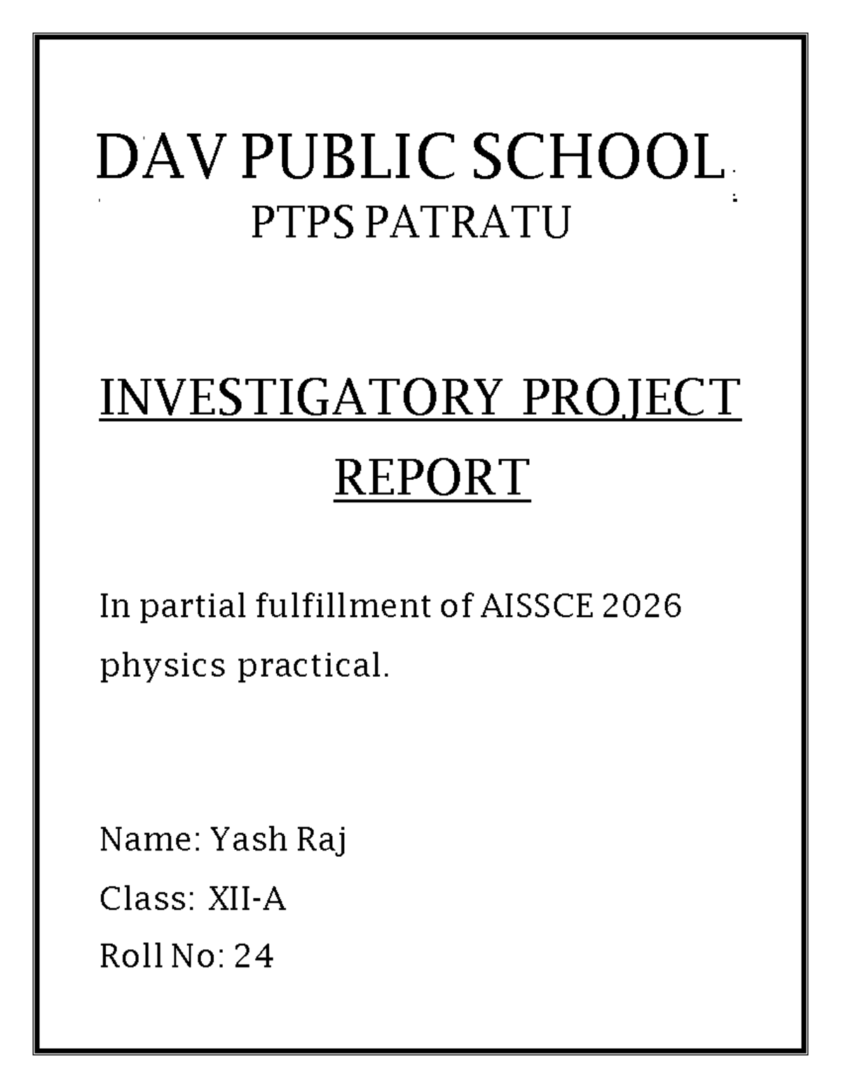AISSCE 2026 Physics Investigatory Project Report on Self Inductance ...