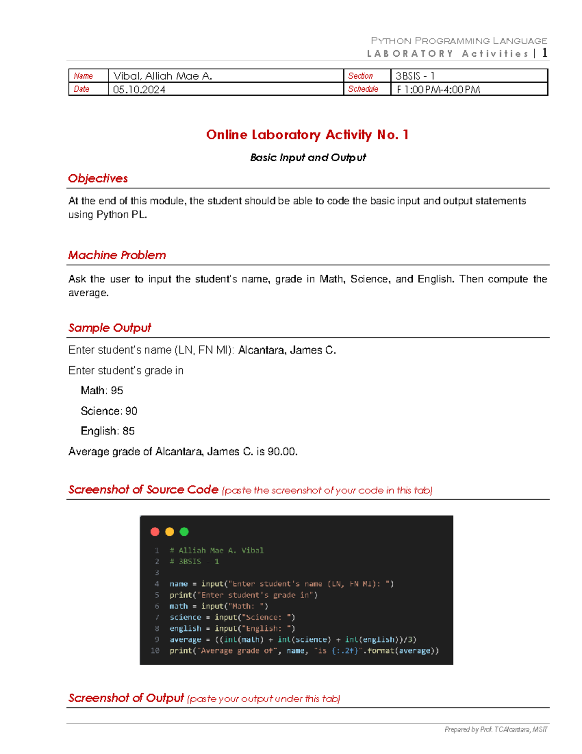 OLA-1 Vibal Basic IO - Laboratory Python - Python Programming Language L A B O R A T O R Y A c t ...