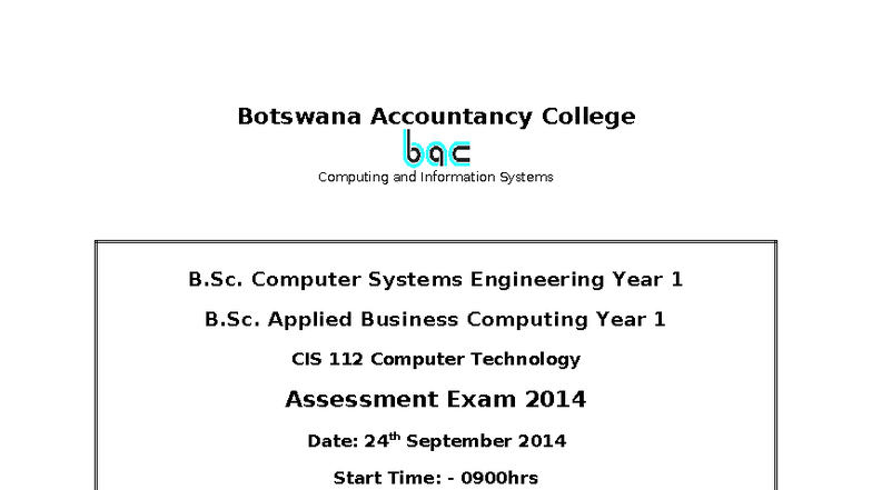 CIS 112 Computer Technology Assessment Exam 2014 - Studocu