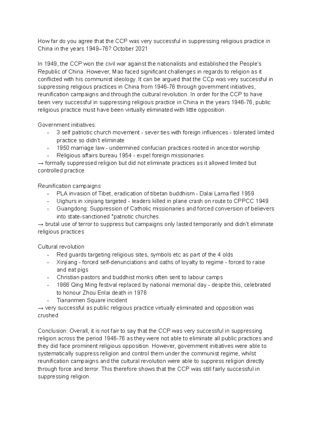 China Essay Plan: Success of CCP in Suppressing Religion (1949-2021 ...