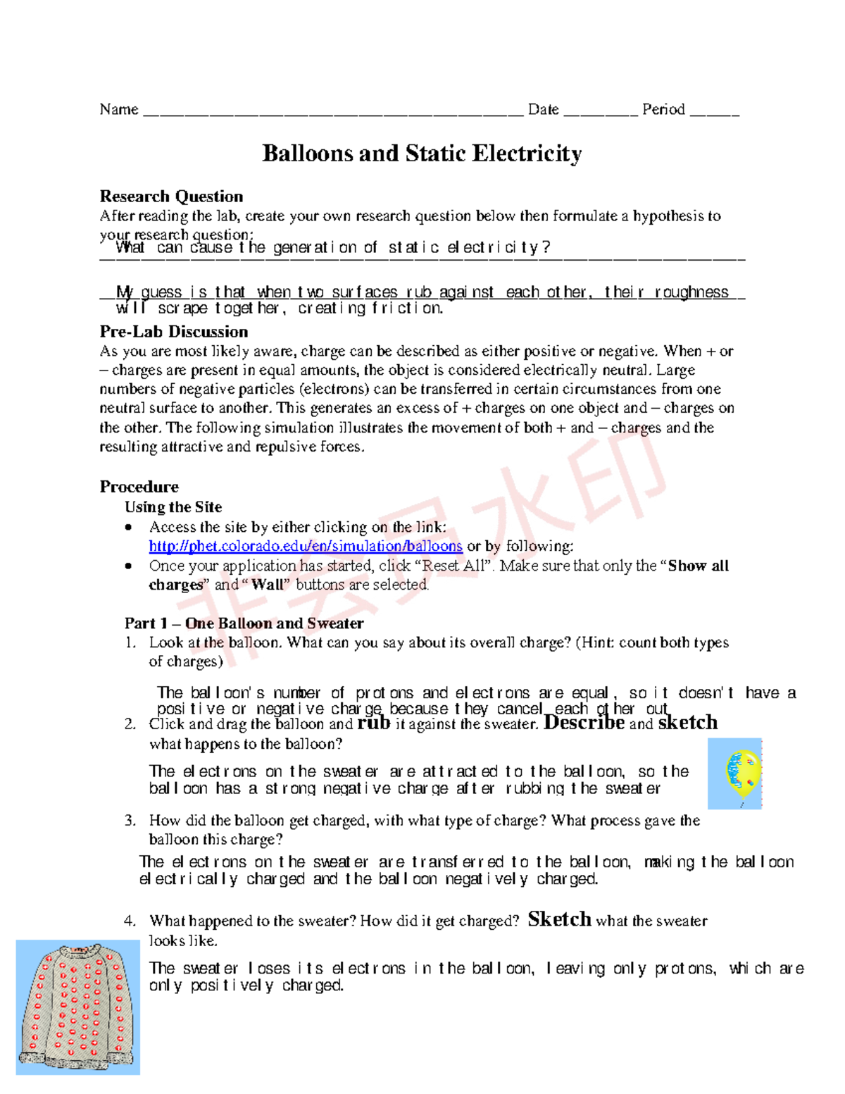 Balloons and static electricityphet 1 - Name