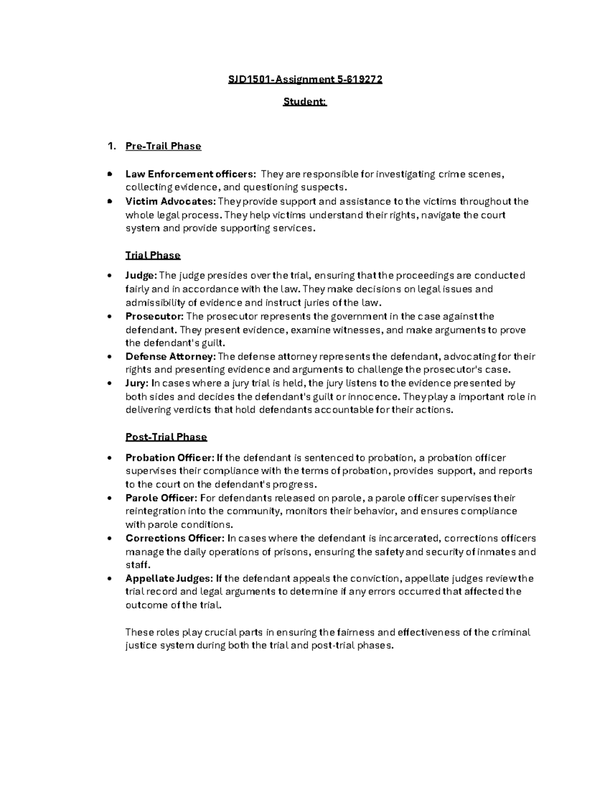 SJD1501 - Assignment 5: Roles in the Criminal Justice System - Studocu