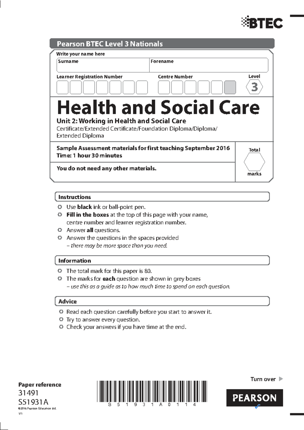 Pearson BTEC Level 3 Health & Social Care Unit 2 Sample Assessment ...