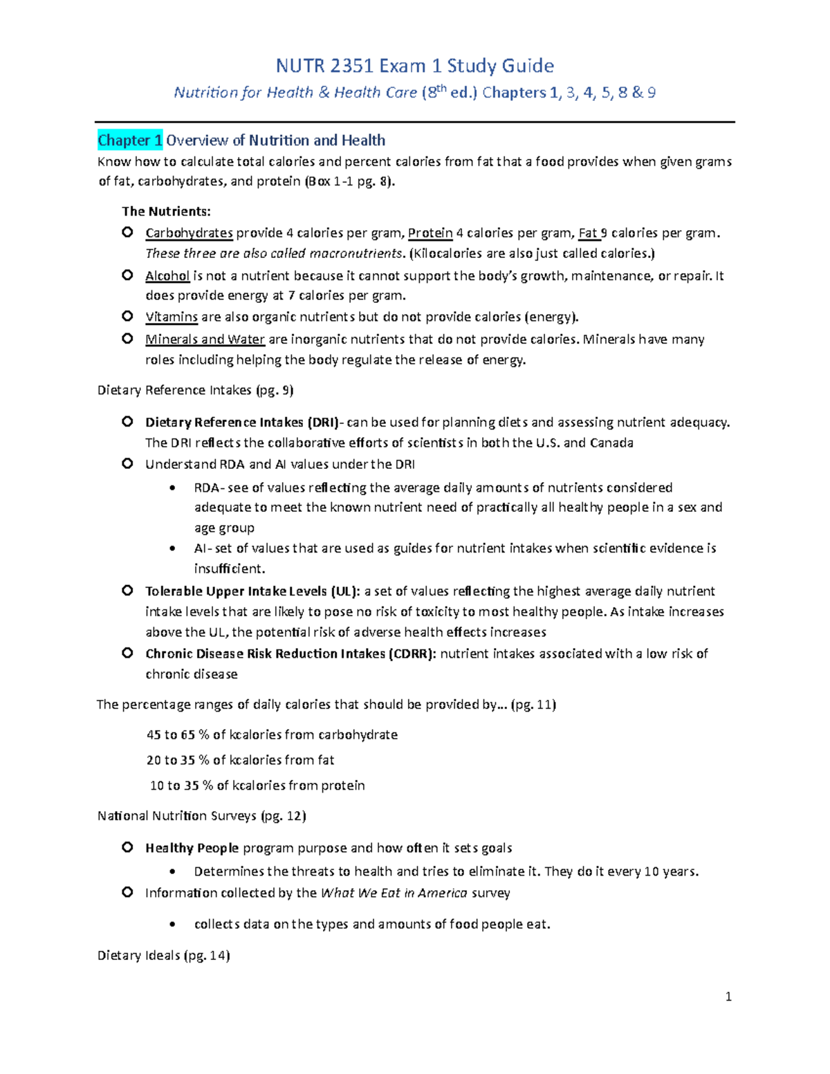 NUTR 2351 Exam 1 Study Guide: Essential Nutrition Concepts and ...