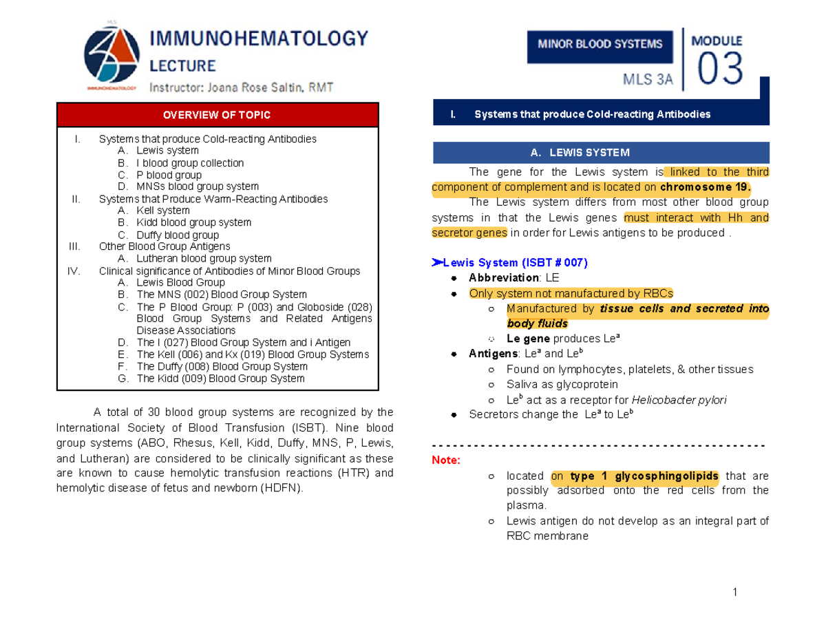 Immunohematology Lecture Notes: Blood Group Systems Overview (LEC-003 ...