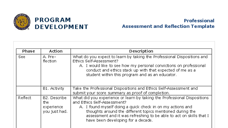 PROGRAM Professional Dispositions and Ethics Self-Assessment Reflection ...