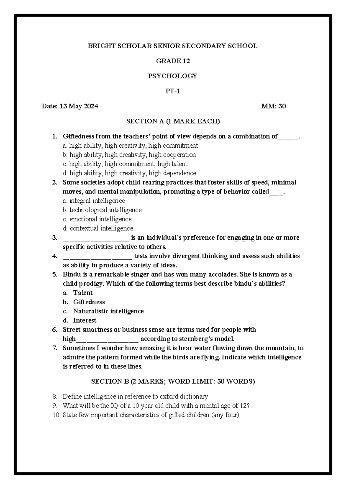 Grade 12 Psychology Unit Test 1 - Giftedness & Intelligence Concepts ...