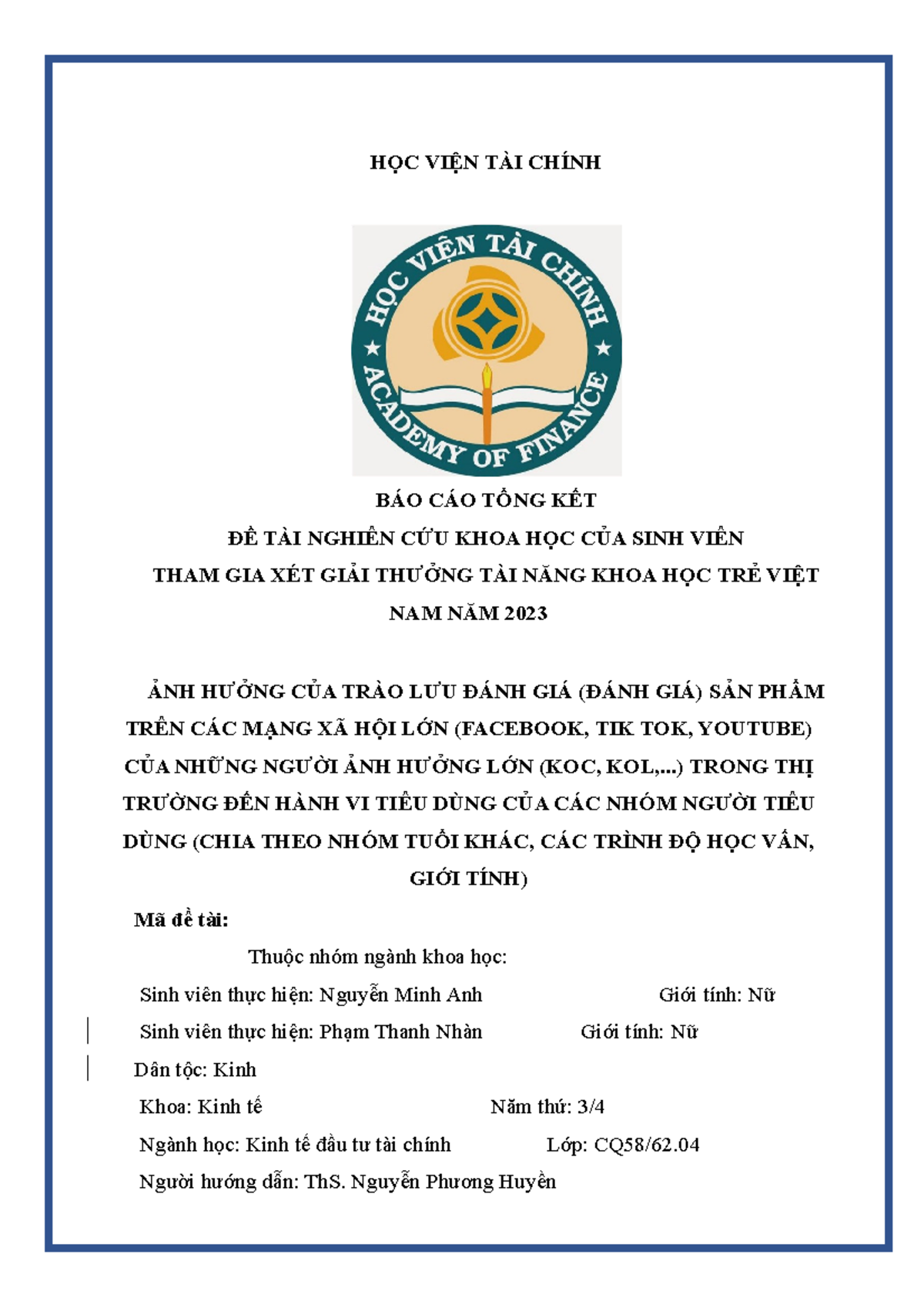 Reviewed NCKH-KOL-KOC-3-1 - HỌC VIỆN TÀI CHÍNH BÁO CÁO TỔNG KẾT ĐỀ TÀI ...