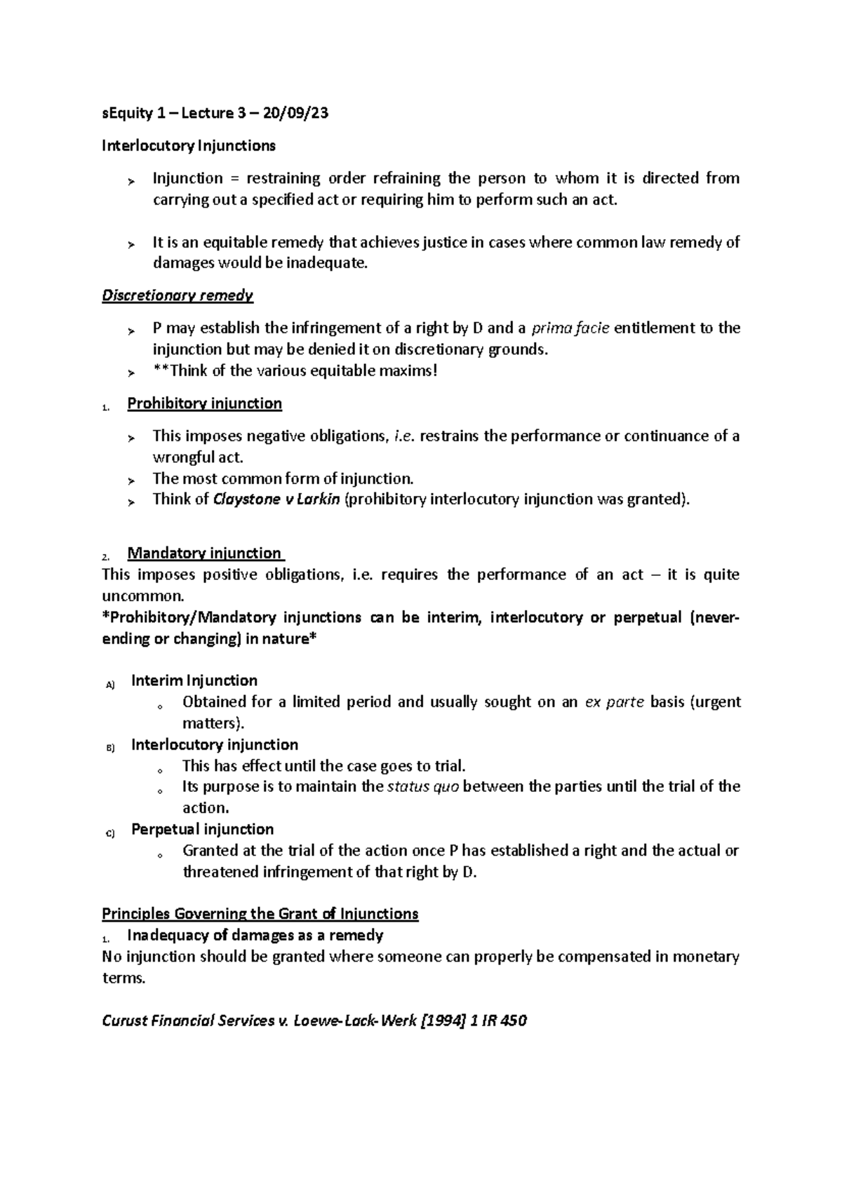 Equity Law 1 - Week 4-5 - Overview of Interlocutory Injunctions - Studocu