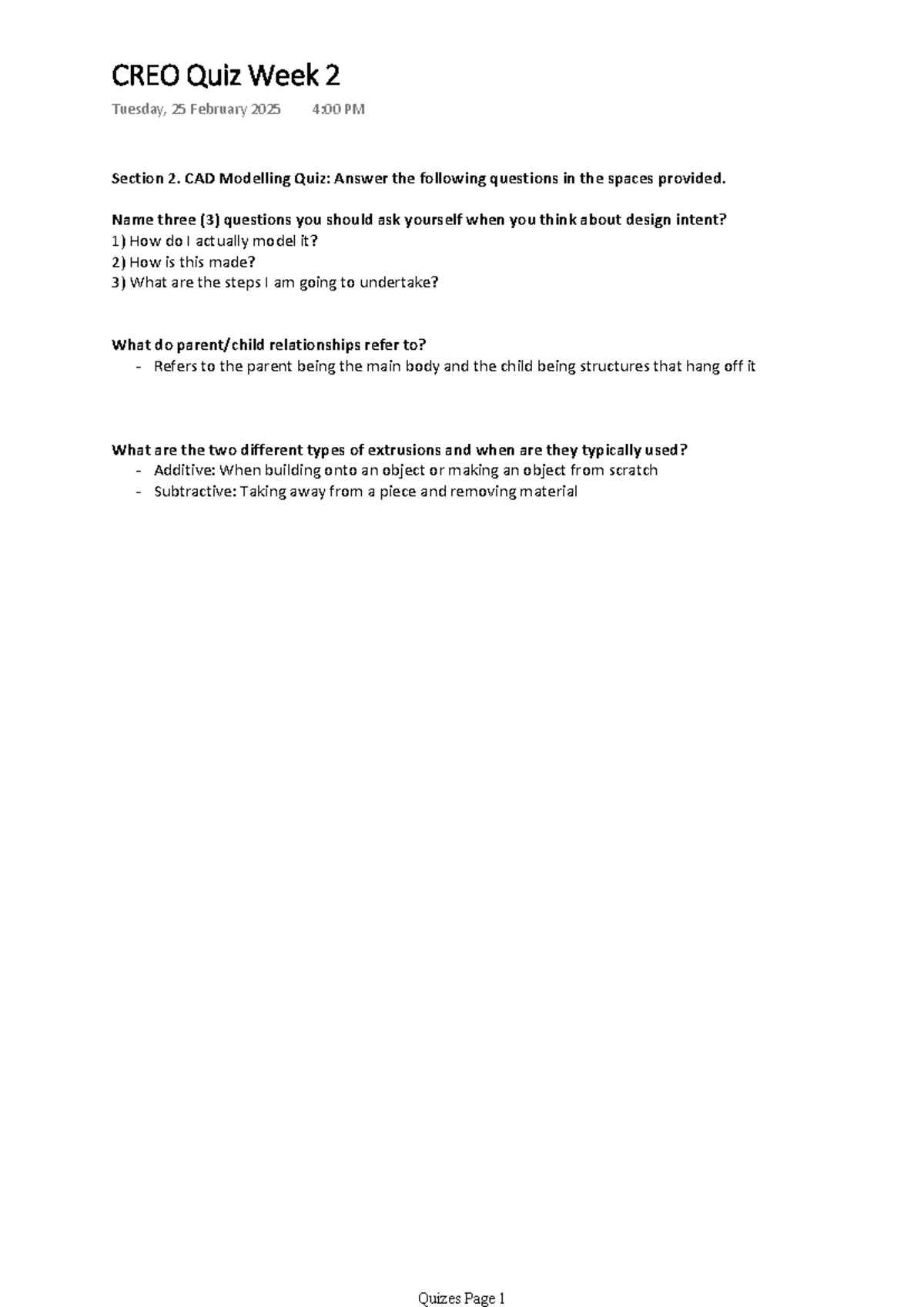 CREO CAD Modelling Quiz Week 2 - Key Design Intent Questions - Studocu