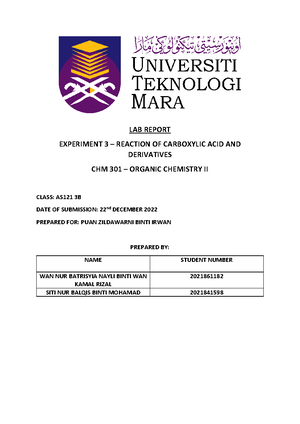 CHM 301 DATA Sheet EXP 3 (1) - CHM ORGANIC CHEMISTRY II DATA SHEET NAME STUDENT ID NURIN NAZEEHA ...