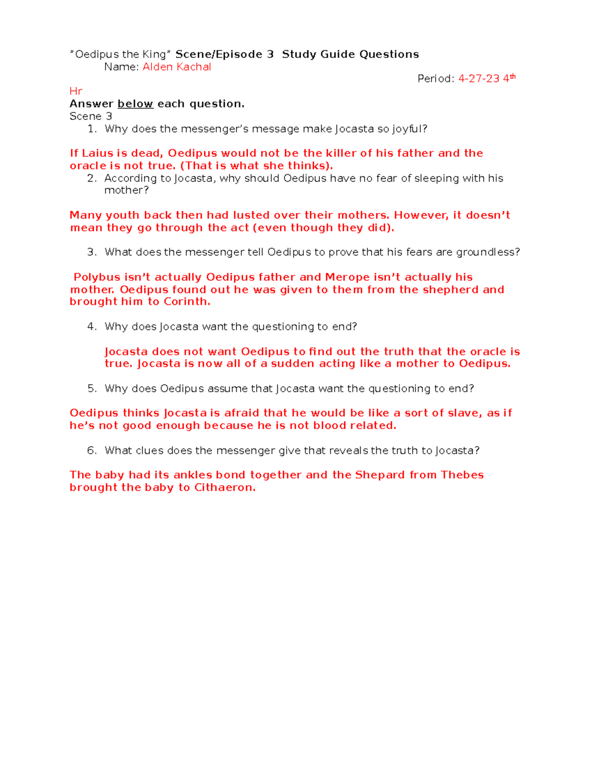Oedipus the King Scene 3 Study Guide Questions and Answers - Studocu