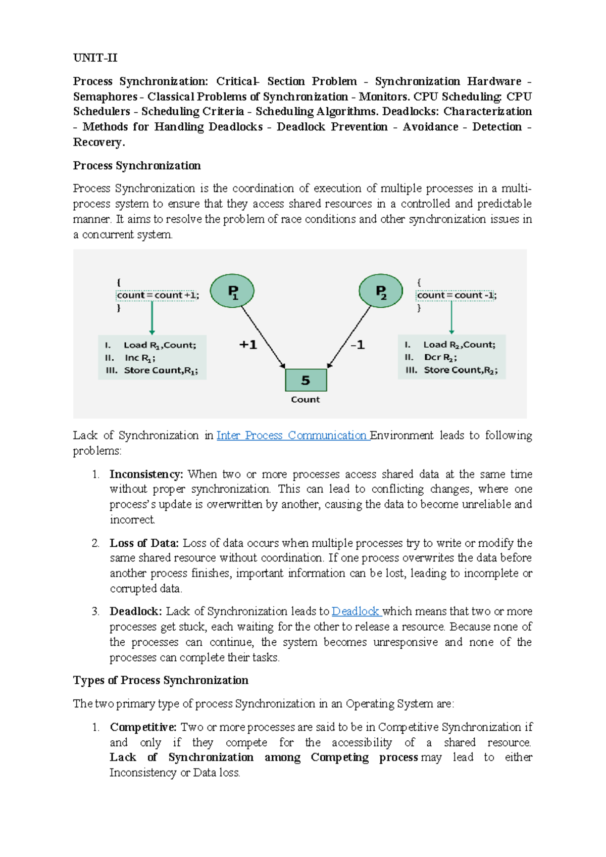 **Unit-II: Process Synchronization, Scheduling, and Deadlock Management ...