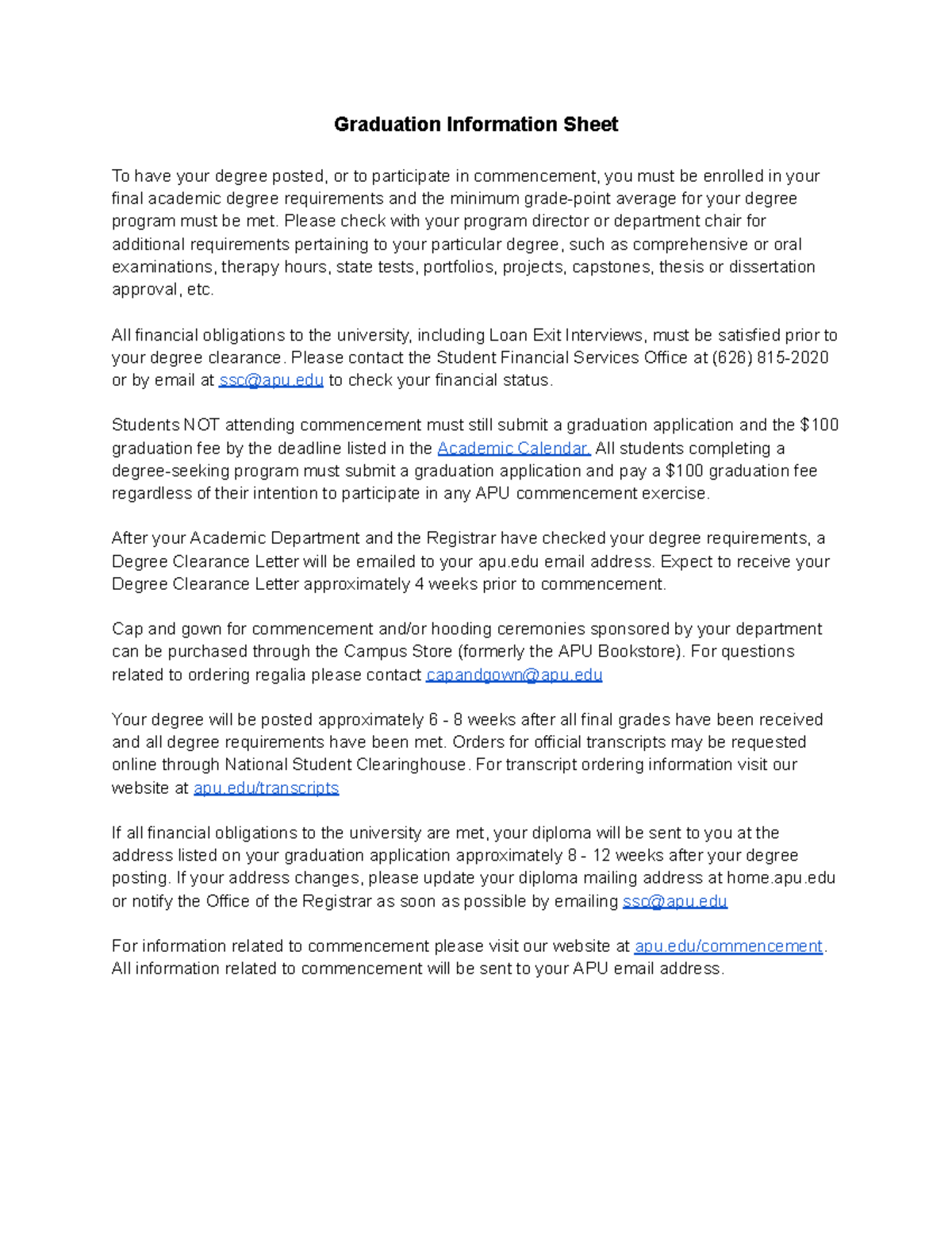 Graduation Info Sheet: Degree Posting & Commencement Details - Studocu