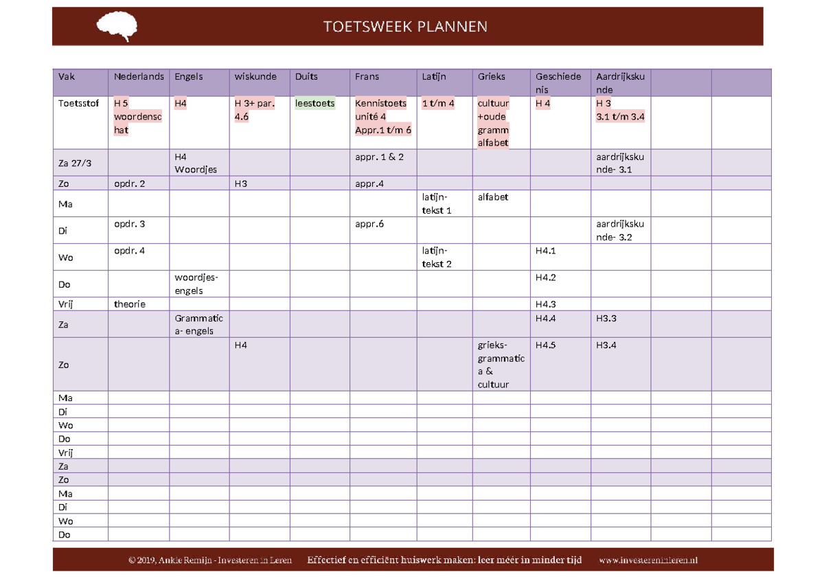 Toetsweek Planner: Vak Nederlands, Engels, Wiskunde, Duits, Frans ...