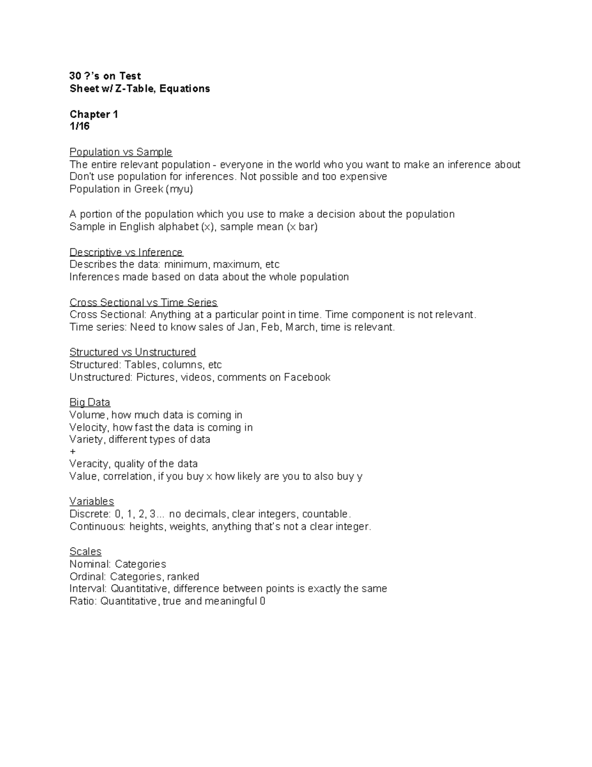 Exam 1 bstat review - 30 ?’s on Test Sheet w/ Z-Table, Equations ...