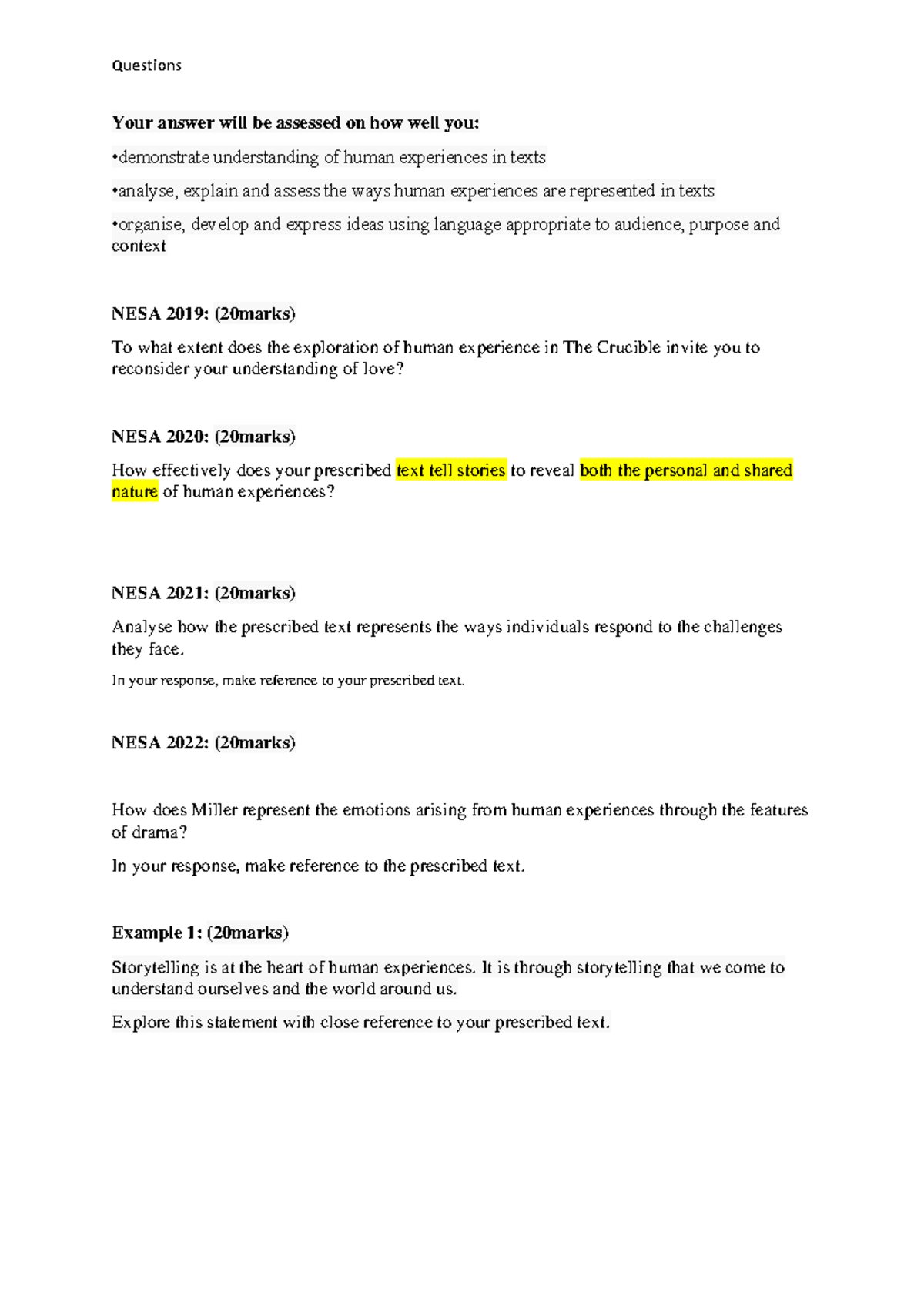 HSC Paper 1 Section 2: Human Experience Questions on The Crucible - Studocu