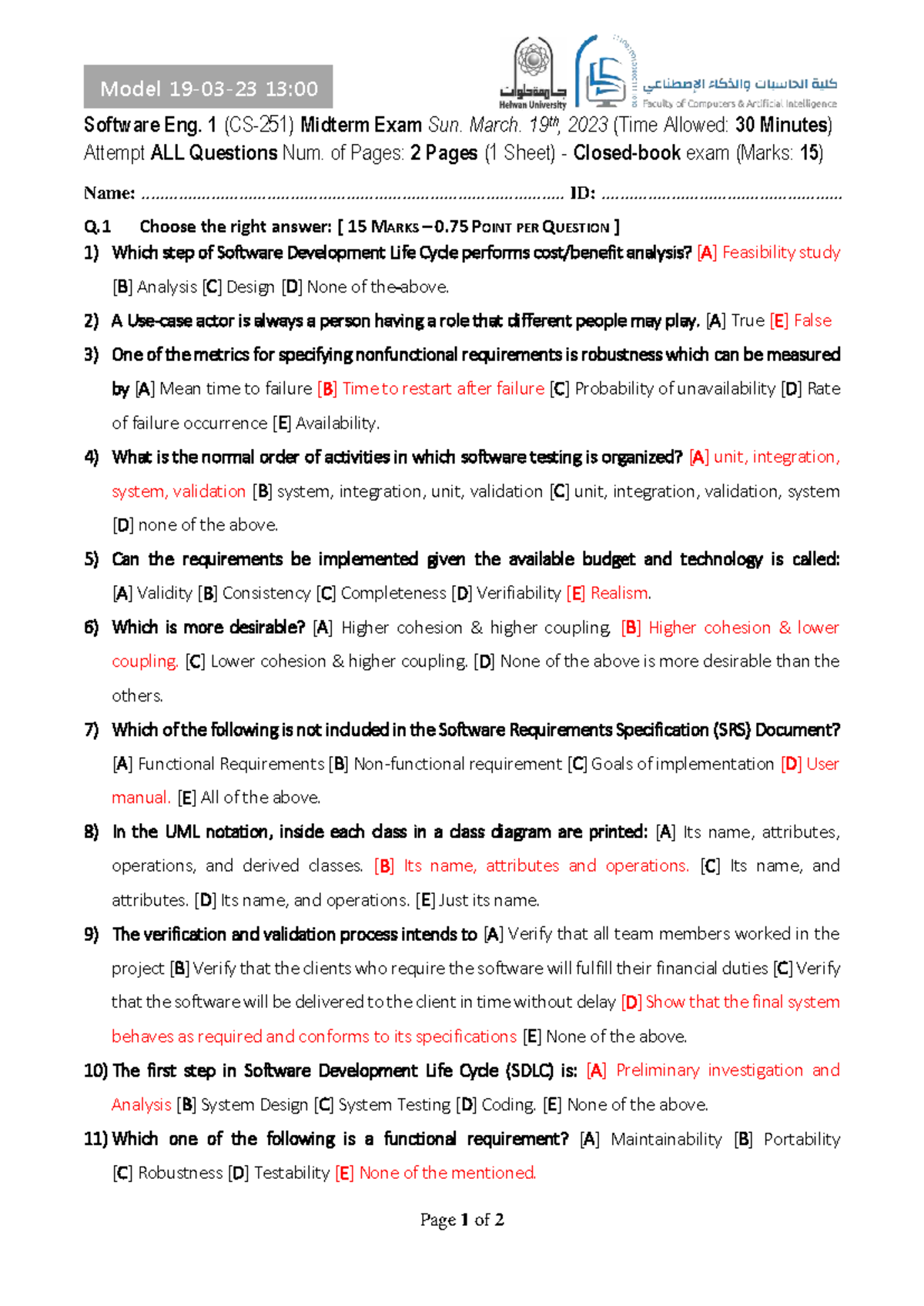 CS251 SE 1 Midterm Exam Spring 2023 - Model 13:00 Software Eng. - Studocu