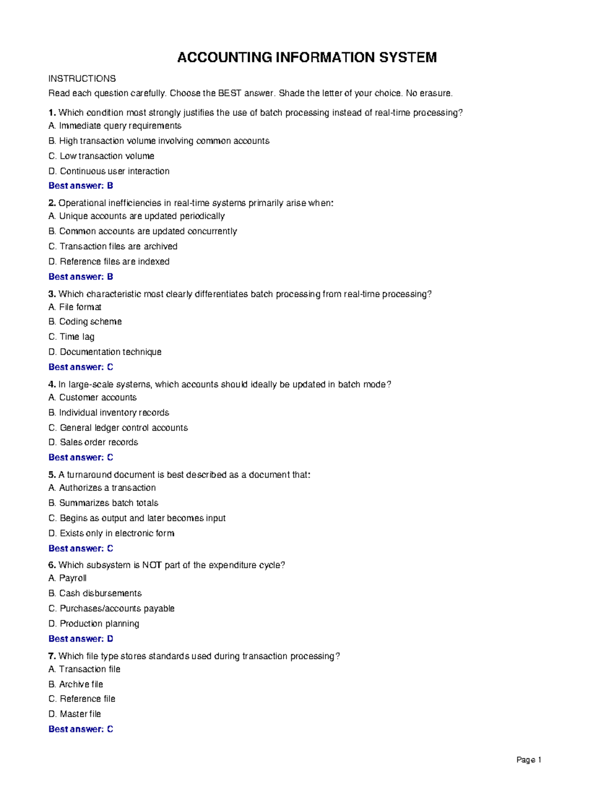 ACCOUNTING 101: Batch Processing Quiz Answers and Explanations - Studocu