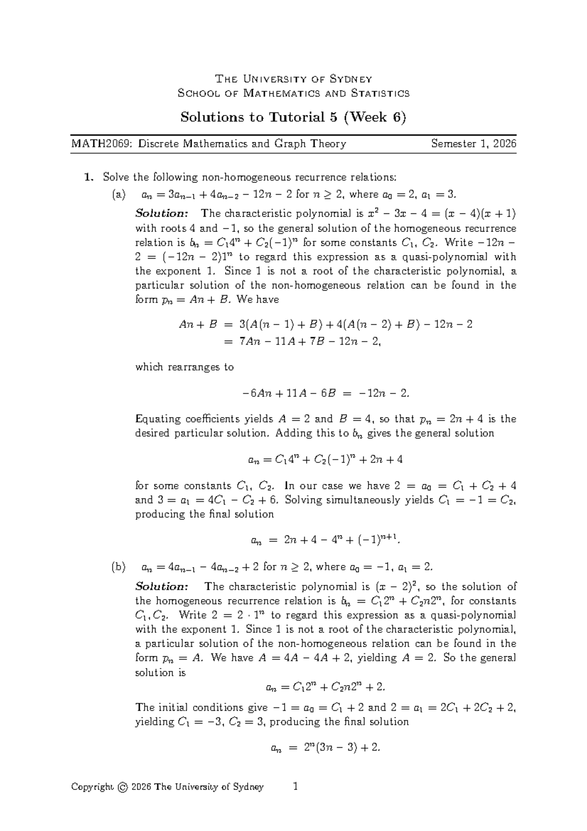 MATH2069: Solutions to Tutorial 5 - Discrete Mathematics and Graph ...