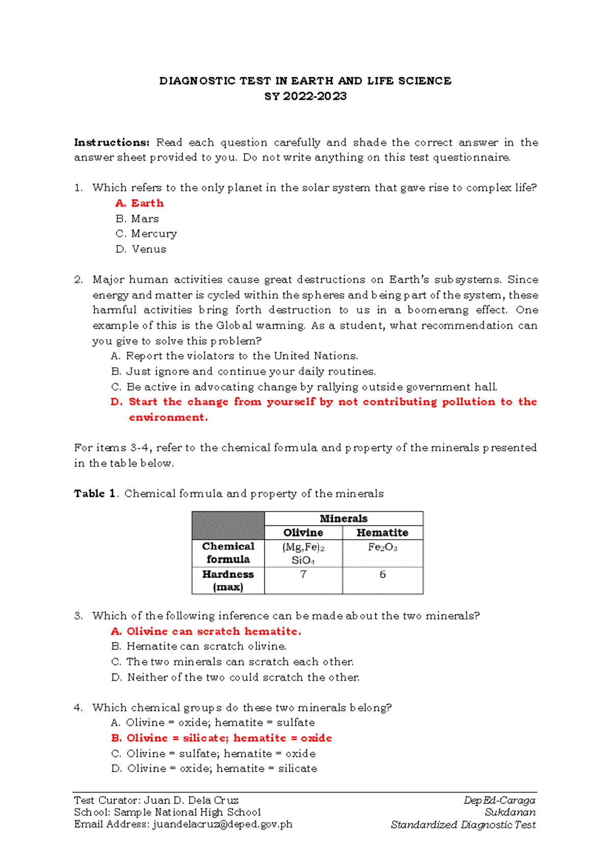 NAT 12 Reviewer Earth and Life Science Answer Key - Test Curator: Juan ...