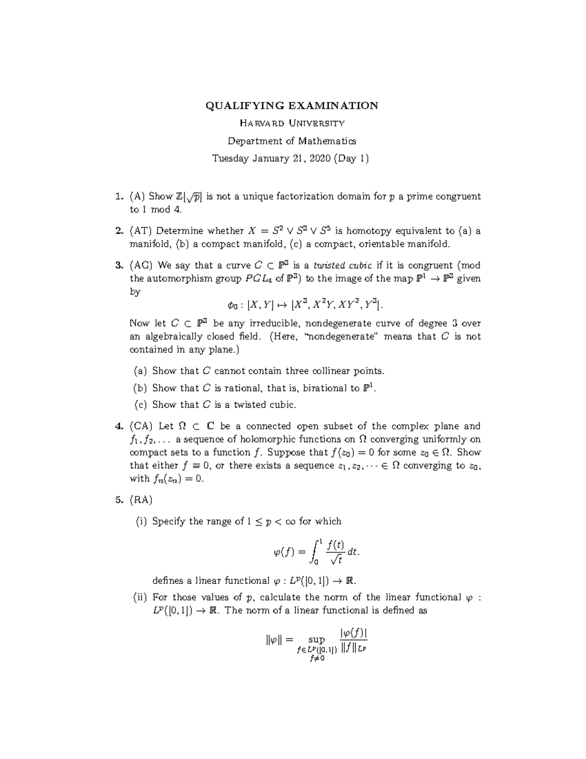 Harvard MATH 2020 Qualifying Exam - Detailed Solutions & Analysis - Studocu