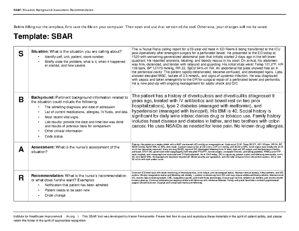 SBAR Template #2: Emergency Report for Patient Assessment - Studocu