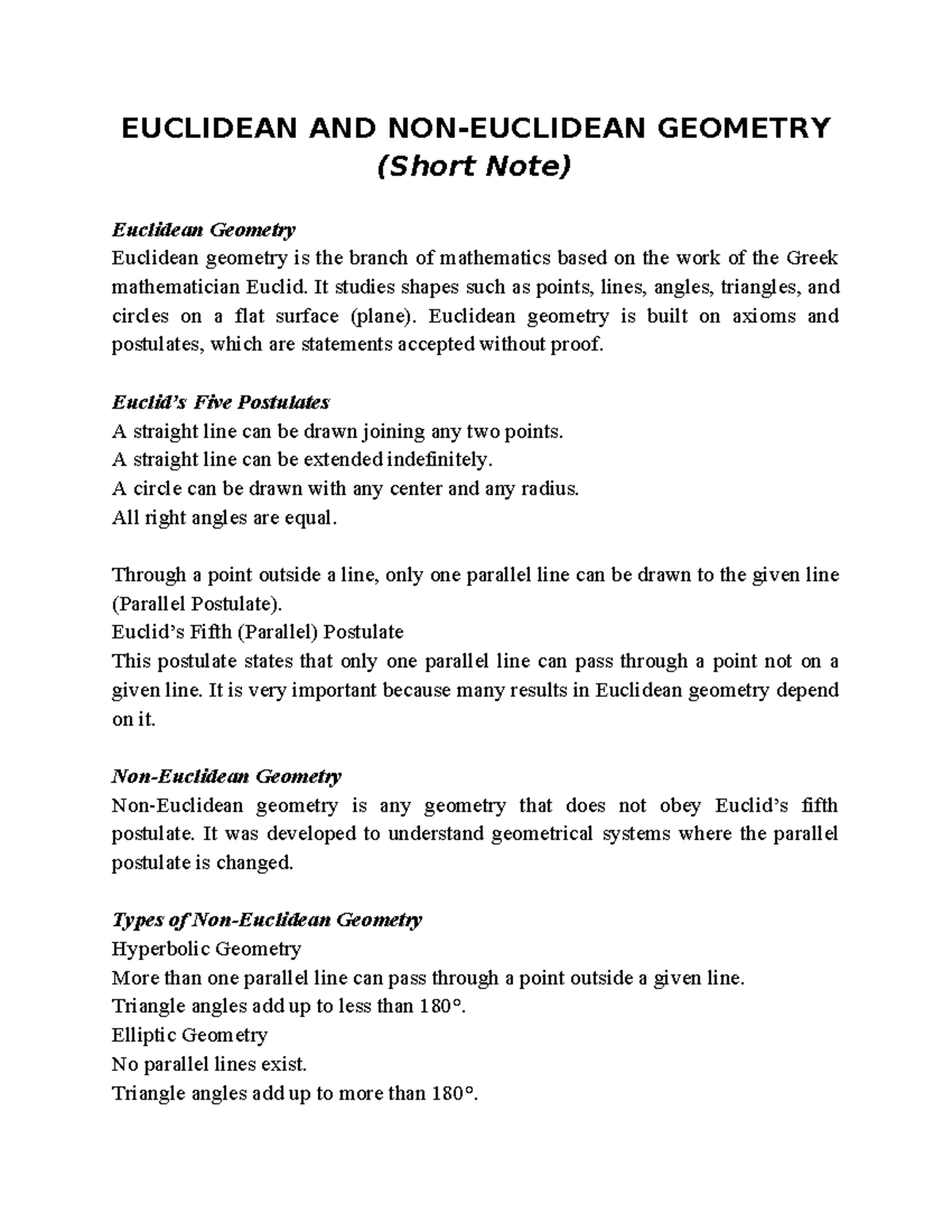 EUCLIDEAN AND NON-EUCLIDEAN GEOMETRY (Short Note) - Studocu