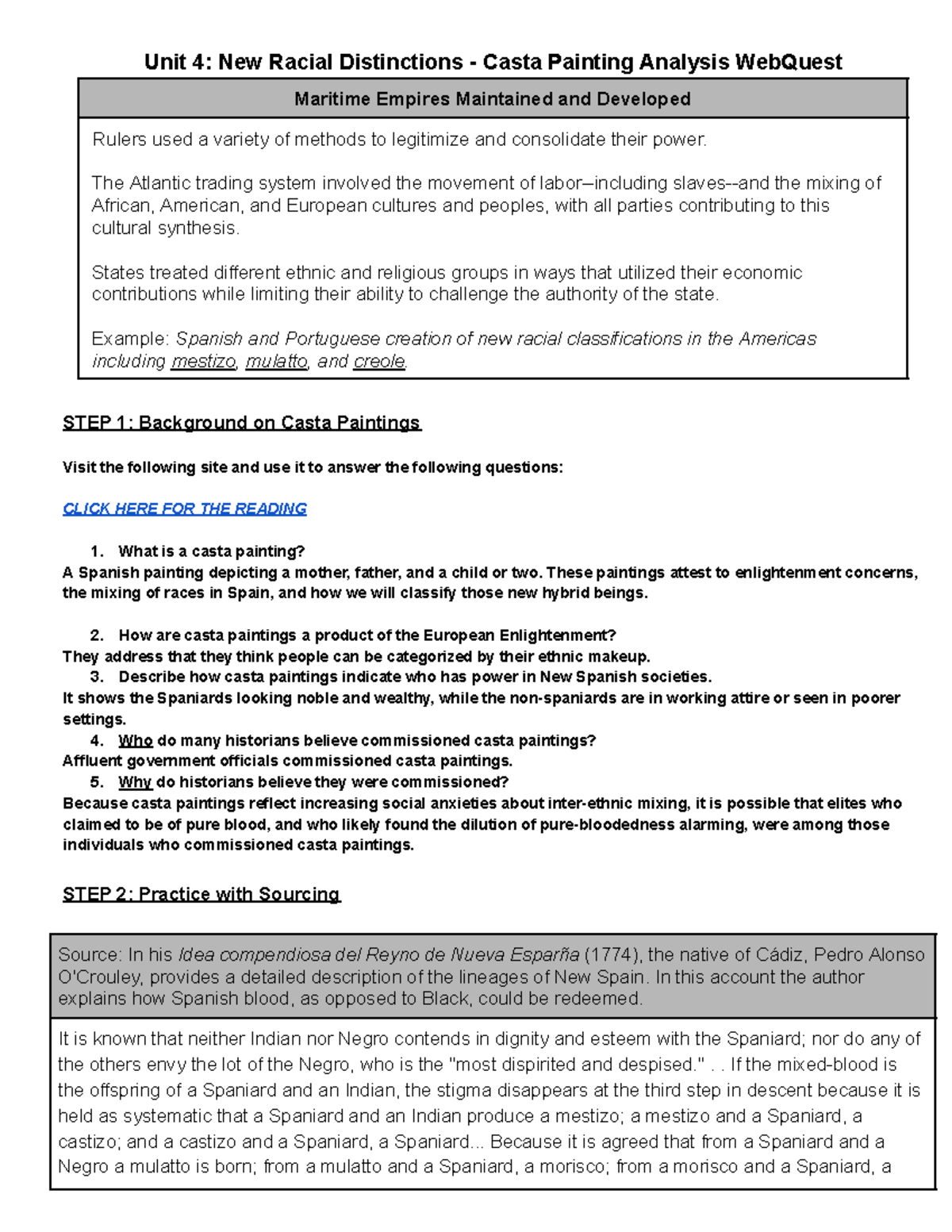 APWH Unit 4 - Casta Painting Analysis WebQuest on Racial ...
