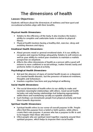 The dimensions of health - The dimensions of health Lesson Objectives ...